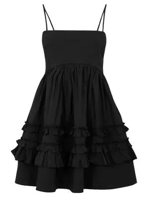 GANNI Spaghetti Strap Ruffled Mini Dress - Black