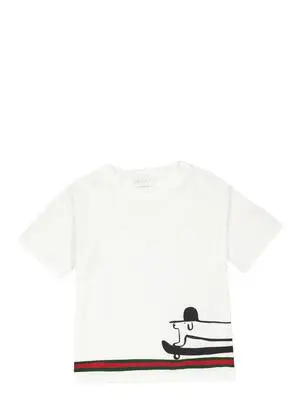 Gucci Crew Neck Short Sleeve T-shirt With Graphic Print And Stripes - White