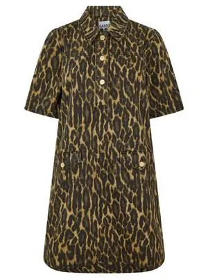 GANNI Leopard Print Denim Shirt Dress - Black