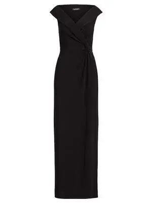 Ralph Lauren Off-the-shoulder V-neck Gown With Side Slits And Pleating - Black
