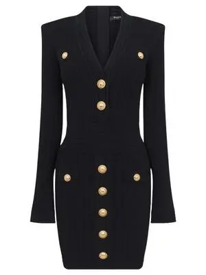Balmain V-neck Ribbed Knit Dress With Button Detail - Black