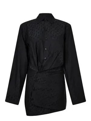 Off-White Mini Silk Shirt Dress With Knotted Front - Black