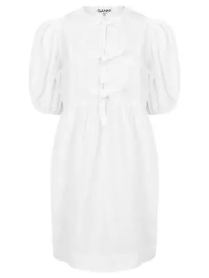 GANNI Short Sleeve Dress With Bow Detail - White