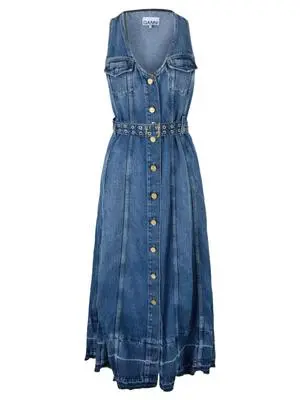 GANNI Denim V-neck Belted Maxi Dress - Blue
