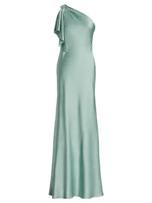Ralph Lauren One-shoulder Satin Charmeuse Gown - Green