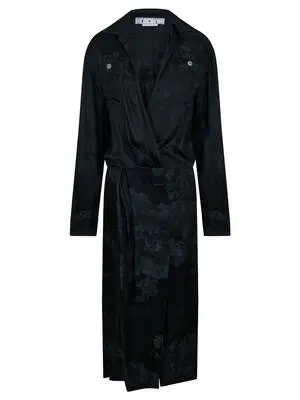 Off-White Satin Floral Jacquard Wrap Dress - Black