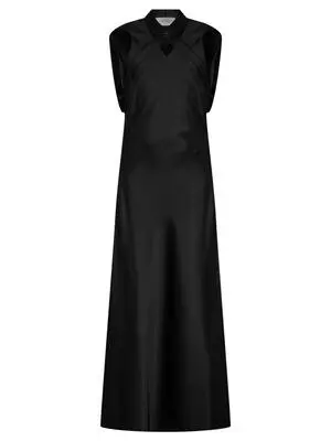 Off-White Maxi Dress In Glossy Satin With Stand Collar - Black