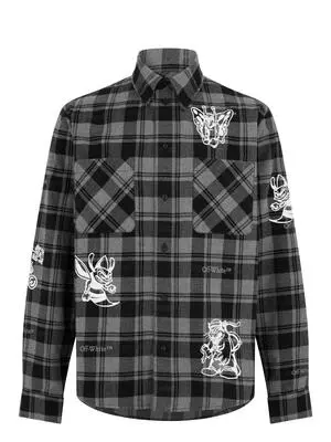 Off-White Cartoon Print Grey Plaid Flannel Shirt - Black