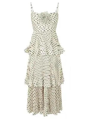 SELF-PORTRAIT Polka Dot Tiered Midi Dress With Floral Embellishment - White