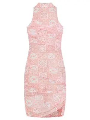 Off-White Printed High Neck Ruched Mini Dress - Pink