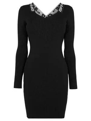 Off-White Long-sleeved Ribbed Mini Dress With Logo Detail - Black