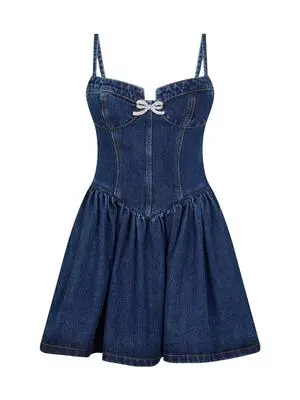 SELF-PORTRAIT Denim Mini Dress With Bow Detail - Blue