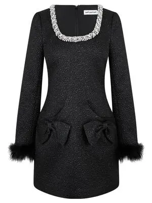 SELF-PORTRAIT Self-Portrait Black Sequined Square Neck Long Sleeve Mini Dress With Fur Trim
