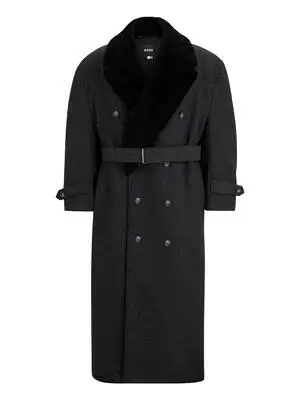 Hugo Boss Double-breasted Wool Coat With Fur Collar - Black