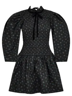 GANNI Printed Ruffled Tie-waist Mini Dress - Black