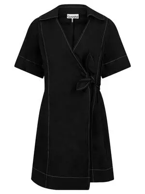 GANNI Mini Wrap Dress With Contrast Stitching - Black