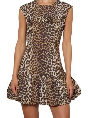 GANNI Sleeveless Leopard Print Mini Dress - Brown