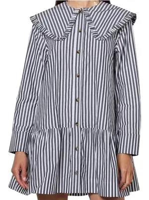 GANNI Long-sleeved Striped Shirt Dress With Ruffled Collar - Gray