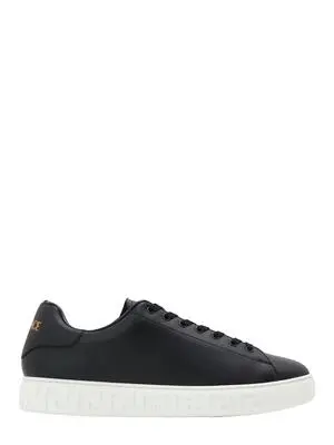 Versace Leather Low-top Sneakers With Greek Key Detail - Black