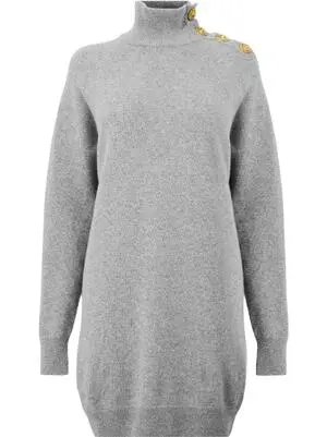 Balmain Knit Turtleneck Mini Dress With Button Detail - Gray