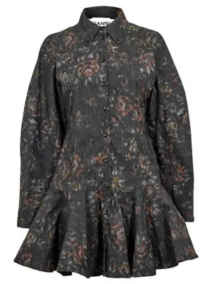 GANNI Printed Mini Dress With Lace Hem - Black