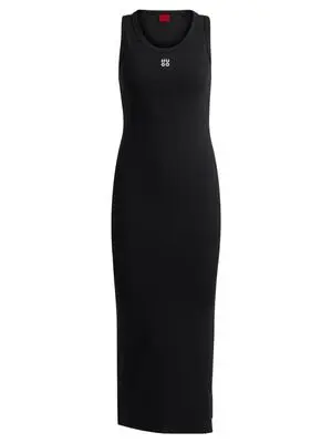 Hugo Boss Sleeveless Fitted Midi Dress With Side Slit And Logo Embellishment - Black