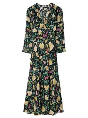 Rixo Cedar Printed Long Sleeve V-neck Dress - Black