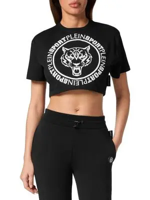 PLEIN SPORT Cropped T-shirt With Tiger Graphic - Black