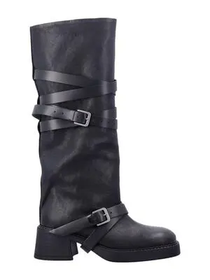 MIISTA Katarzyna Mini Leather Boots With Wraparound Buckle Straps - Nero