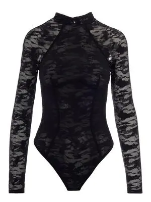DIESEL® Long Sleeve Sheer Lace High Neck Bodysuit - Ebony
