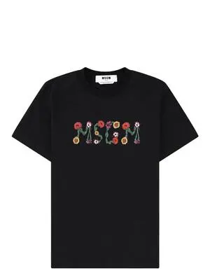 MSGM Floral Logo Graphic Cotton T-shirt - Black