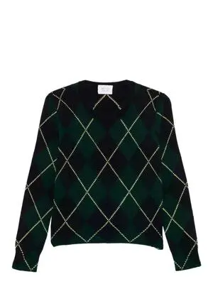 BEYOU Argyle Knit Crew Neck Sweater - Blue
