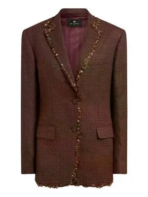 Etro Single-breasted Wool Jacket With Pheasant Feather Trim And Micro Houndstooth - Red