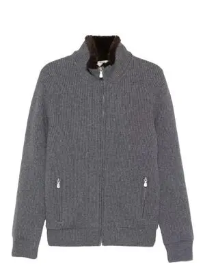 BARBA NAPOLI Fur-trimmed Ribbed Knit Jacket - Grey