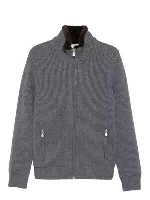 BARBA NAPOLI Fur-trimmed Ribbed Knit Jacket - Grey