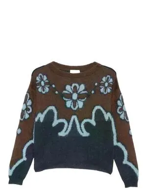 I BLUES Crew Neck Long Sleeve Sweater With Floral Motif - Blue