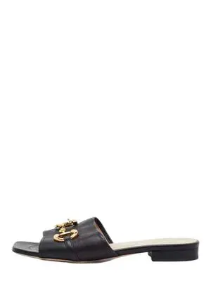 Gucci Horsebit Square Toe Flat Leather Sandals - Black