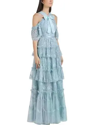 NEEDLE & THREAD Needle & Thread Primrose Ruffled Floral-Embroidered Maxi Gown Blue