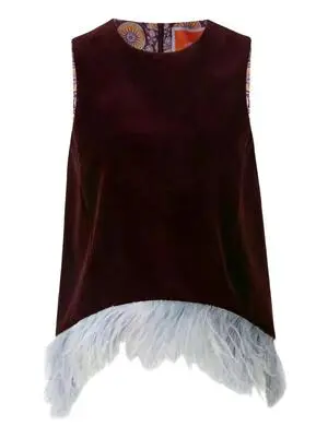La DoubleJ La Scala Feather-trim Velvet Top - Red