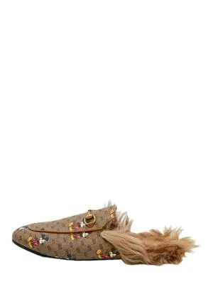 Gucci Gucci Mickey Mouse Print GG Supreme Canvas Mules With Shearling Lining Brown