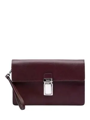 Prada Saffiano Leather Clutch Bag With Push Lock Closure - Red