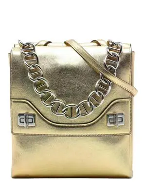 Prada Prada Metallic Leather Double Flap Turn Lock Satchel Gold