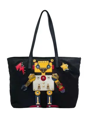 Prada Saffiano Trimmed Tessuto Robot Tote Bag - Black