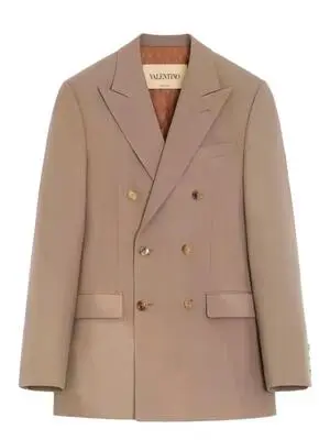 Valentino Garavani Double-breasted Jacket In Natté-wool - Neutrals