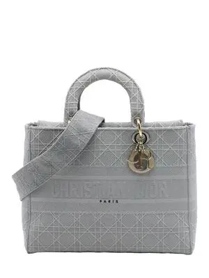 Dior Large Embroidered Canvas Cannage Lady D Lite Satchel - Grey