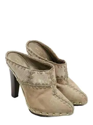 SERGIO ROSSI Beige Suede Embroidered Platform Mules - Neutrals