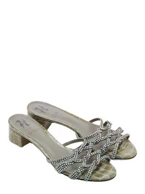 GINA Crystal Embellished Calf Leather Slides - Green