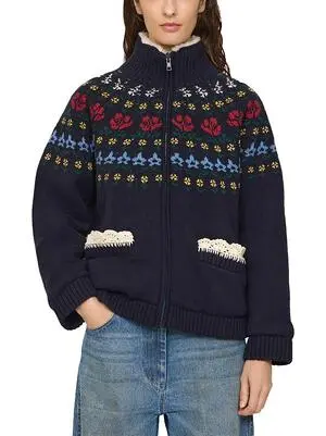 Sea Preston Sherpa Lined Cardigan Jacket With Fair Isle Print - Navy