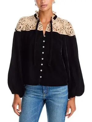 Sea Shiloh Lace Yoke Velvet Blouse - Black