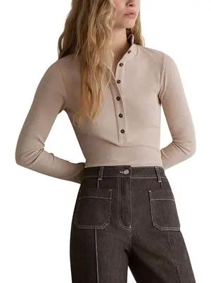 REISS Ida Cotton Stretch Ribbed Top - Neutral